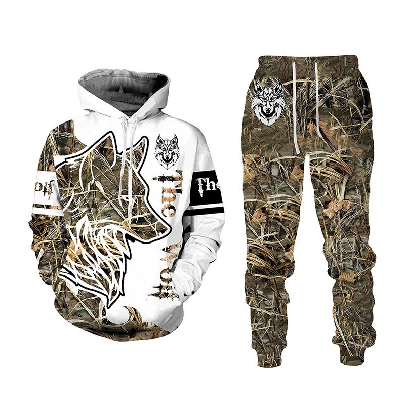 Men Autumn Tracksuit Wolf 3D Printed Hoodie Pants Suit Casual Pullover ...