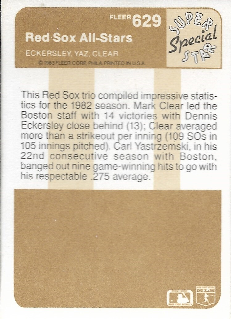 1983 Fleer Special Super Star Carl Yastrzemski Dennis Eckersley 629 ...