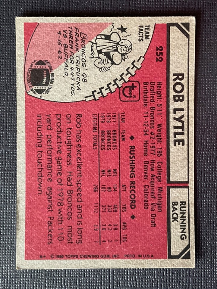 Rob Lytle 1980 Topps Football Card #252 - Denver Broncos NM | eBay