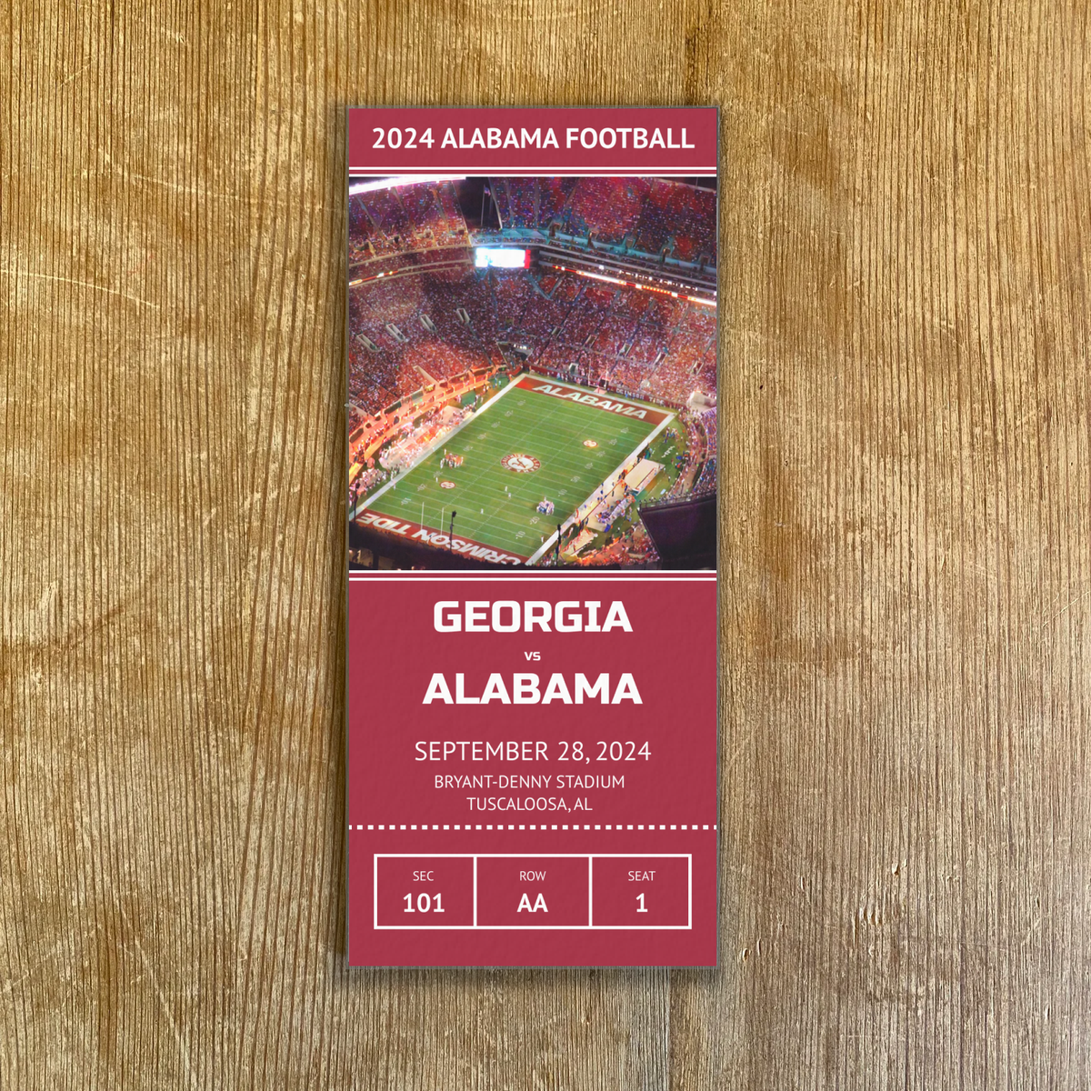 2024 Alabama Football Commemorative Custom Ticket Stub Any Game Any Seat