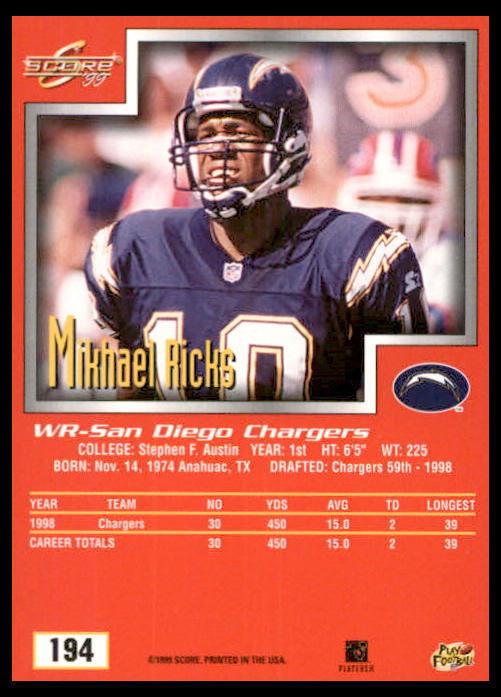 1999 Score #194 Mikhael Ricks San Diego Chargers Football Card | eBay