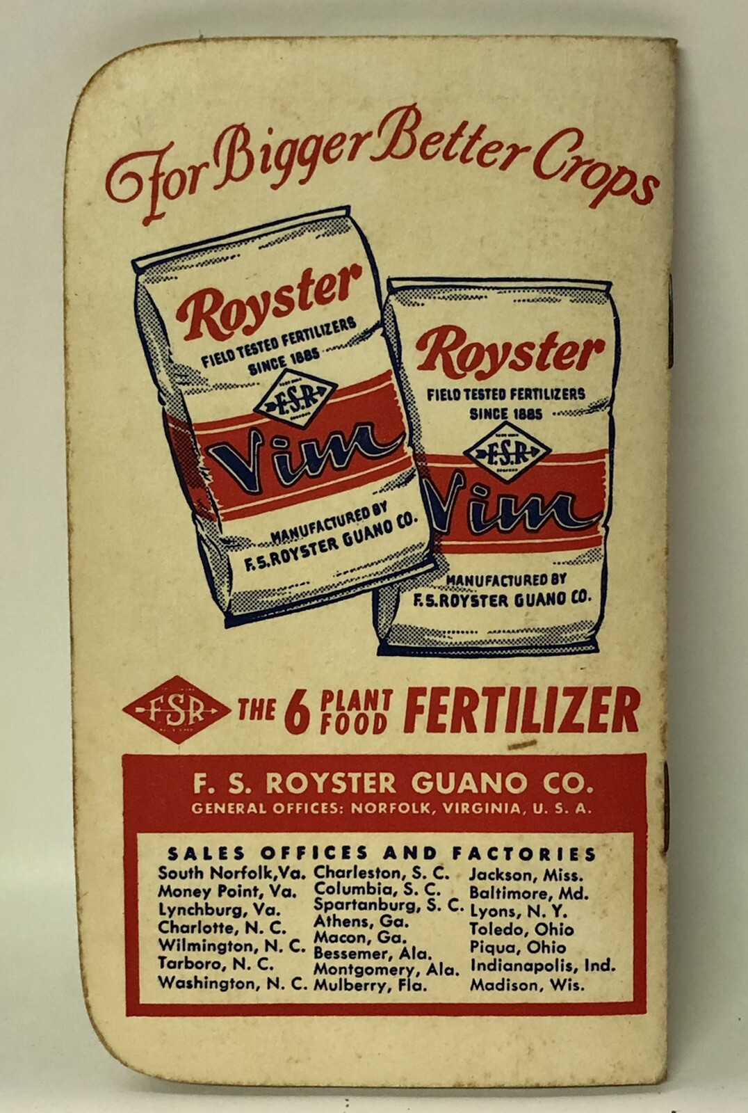 Vintage 1958 FS Royster Fertilizer Memo Notebook Farm Field Advertising ...