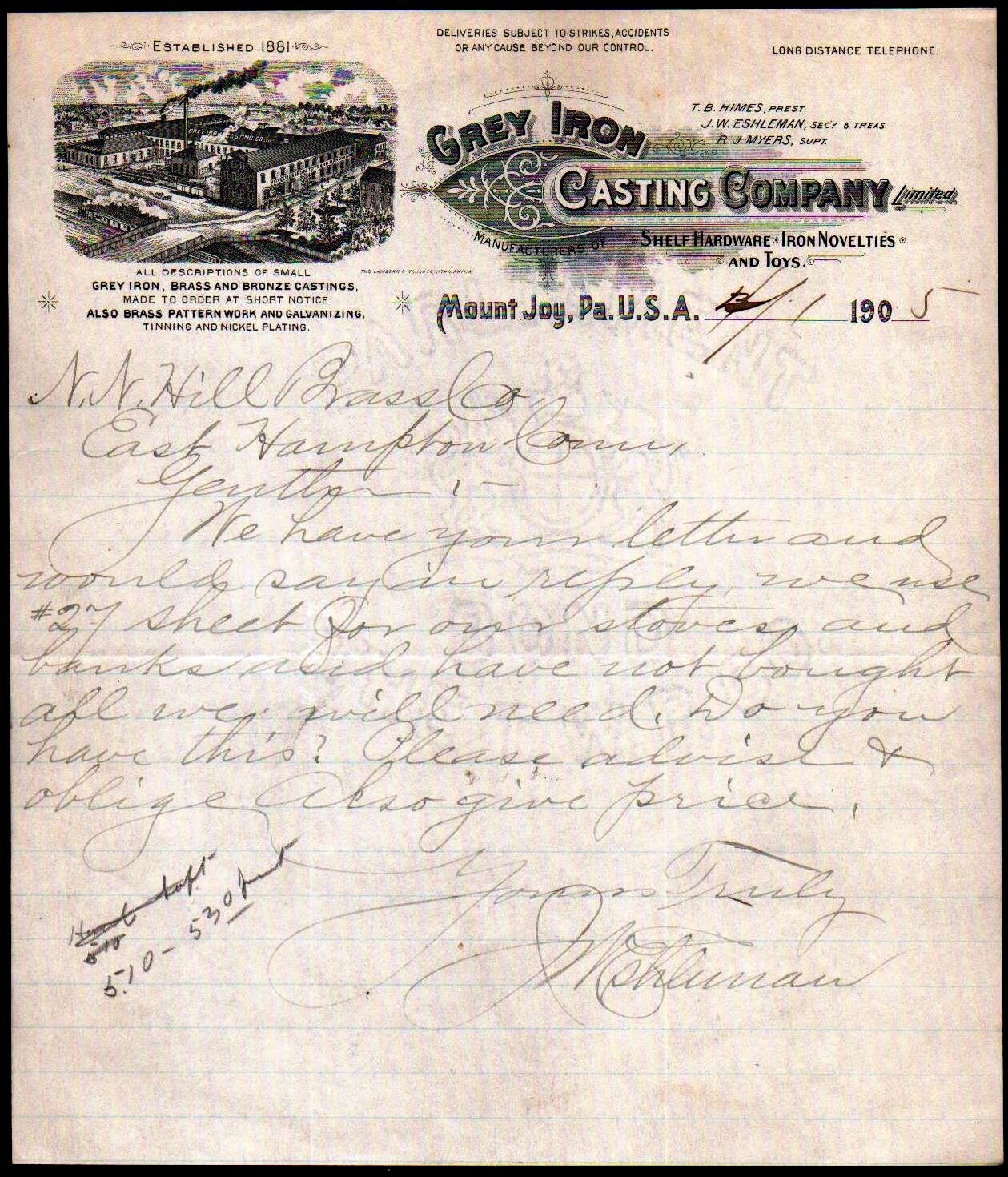 1905 Mount Joy Pa - Grey Iron Casting Co - T B Himes - Rare Letter Head ...