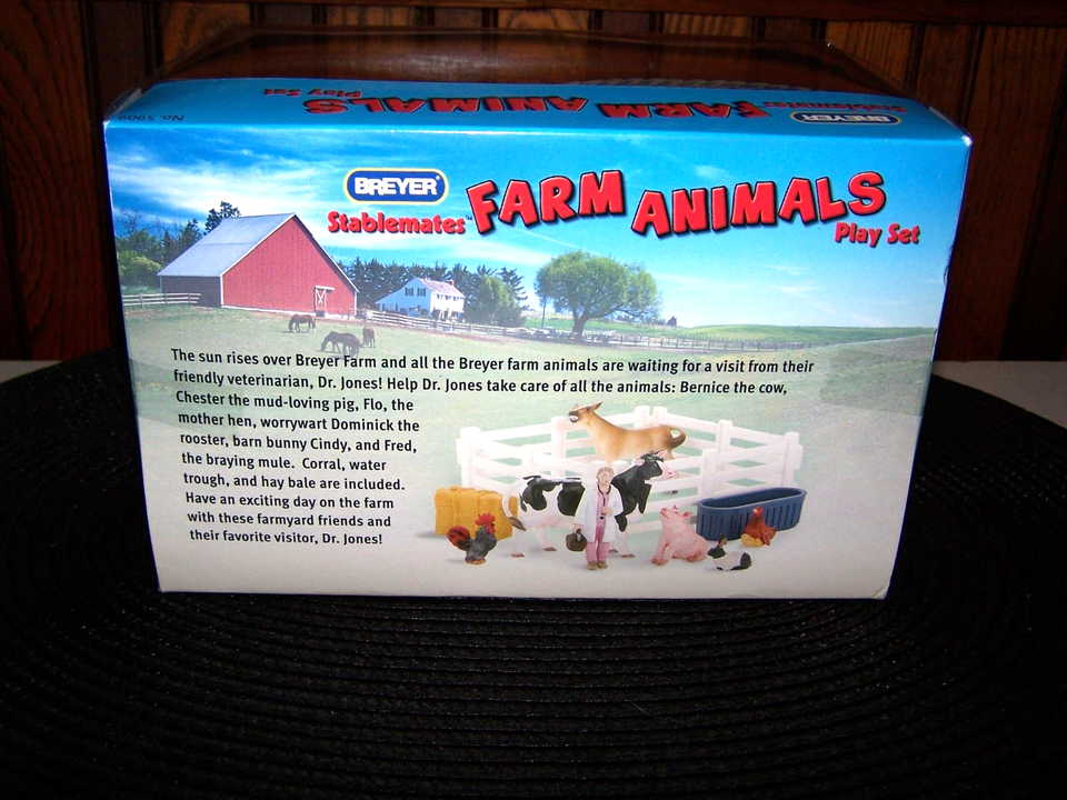 BREYER #5909 STABLEMATE FARM ANIMALS SET ~ MULE COW BUNNY ROOSTER HEN ...