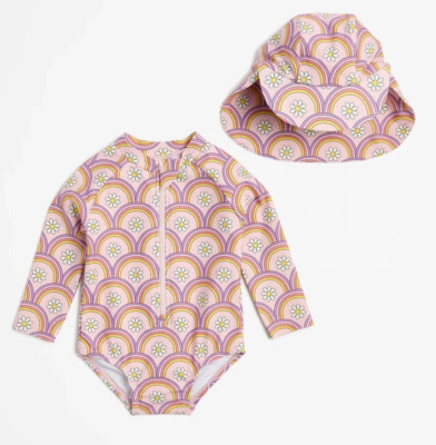 Baby Girls size 00 Long sleeve bathers unitard with hat Floral rainbows ...
