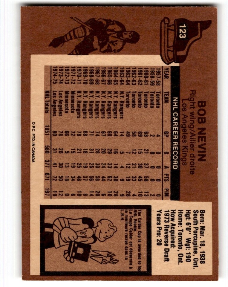 1975-76 O-Pee-Chee Bob Nevin #123 Los Angeles Kings | eBay
