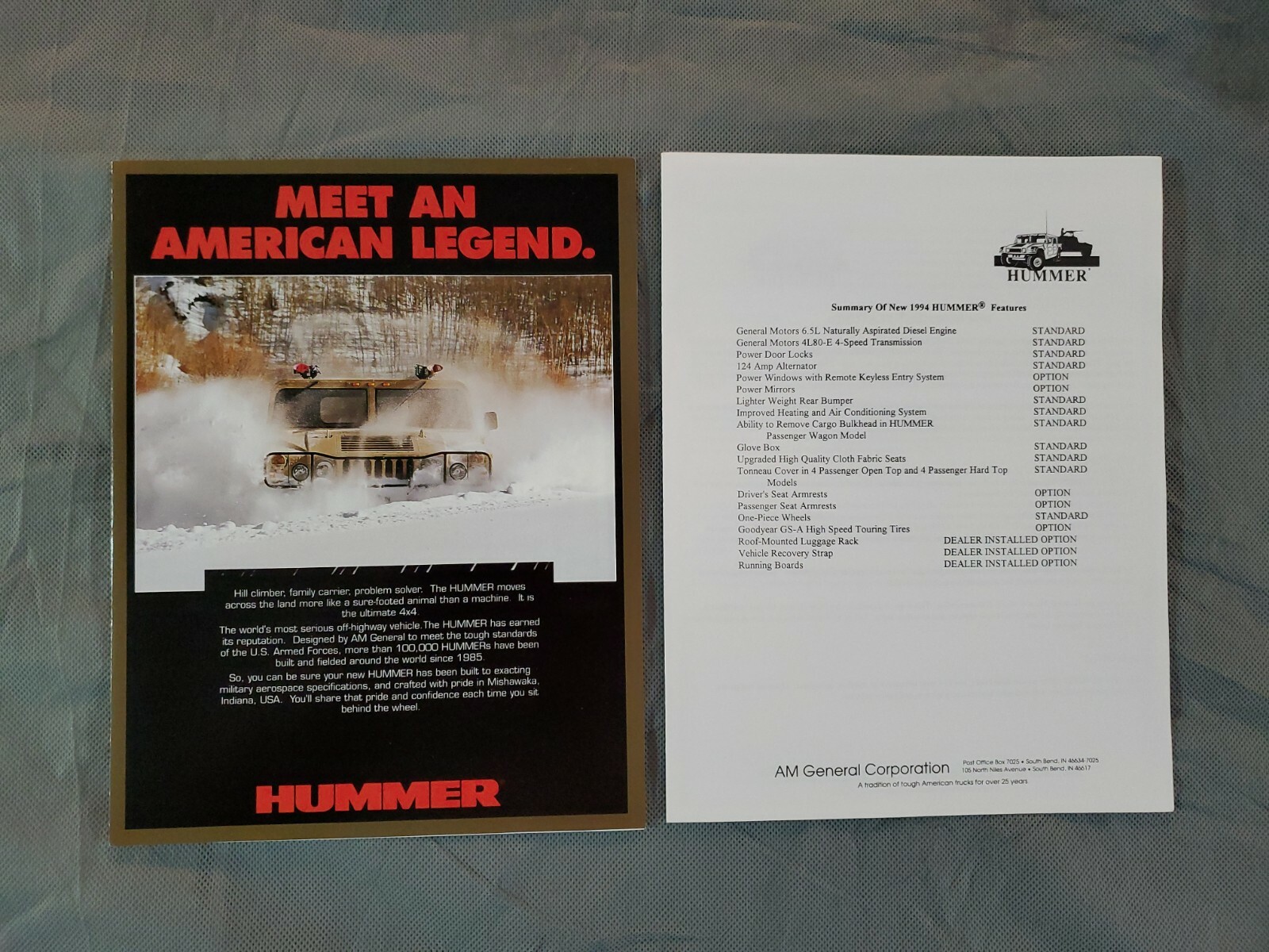1994 AM General Hummer Dealer Sales Brochure and Summary Of Features ...
