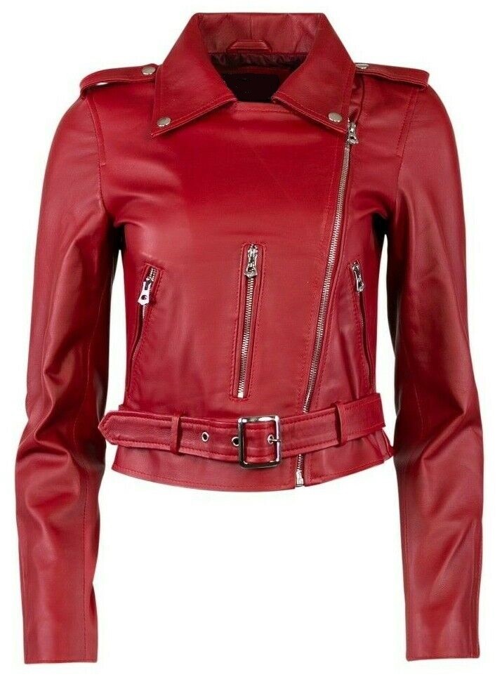 Women's Real Lambskin Pure Genuine Leather Racing Style Moto Biker Red ...