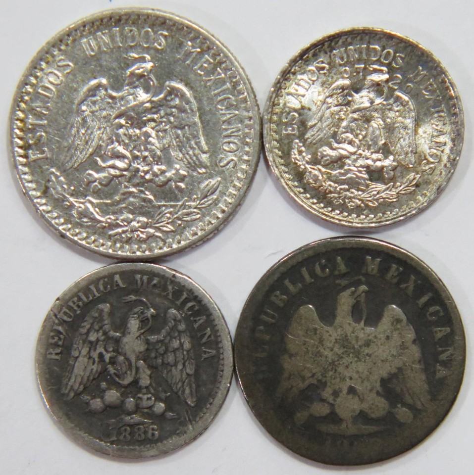 MEXICO 20C 10C 5C CENTAVOS CAP & RAYS EAGLE SNAKE SILVER WORLD COIN LOT ...