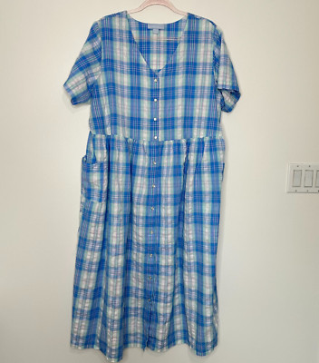 Only Necessities Plaid Pearl Snap Dress Womens 1X Blue Pockets V Neck ...
