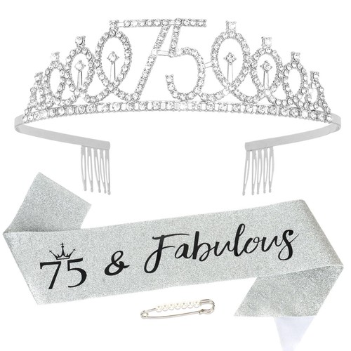 75th Birthday Sash and Crown for Women Silver 75th Birthday Tiara and ...