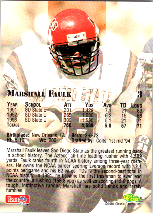 1994 Classic Marshall Faulk Gold Draft #3 Indianapolis Colts San Diego ...