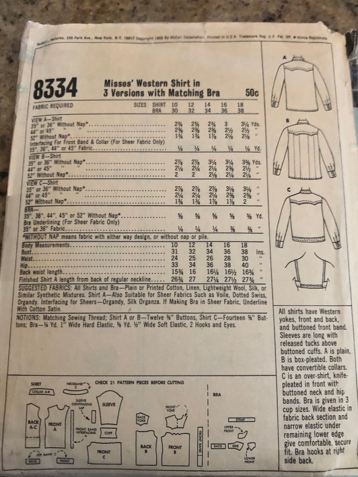 🌺 1966 McCALL'S #8334 - LADIES THREE STYLE WESTERN SHIRT & BRA TOP ...