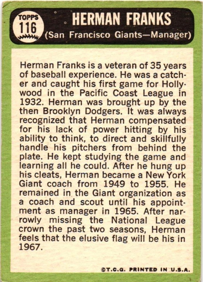 HERMAN FRANKS 1967 Topps #116 FREE SHIPPING B13R3S15P5 | eBay