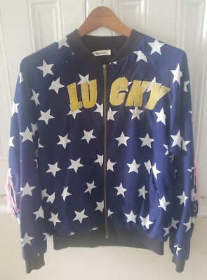 Handmade STICKYBABY NYC "LUCKY" Blue Satin Bomber Jacket With Stars ...