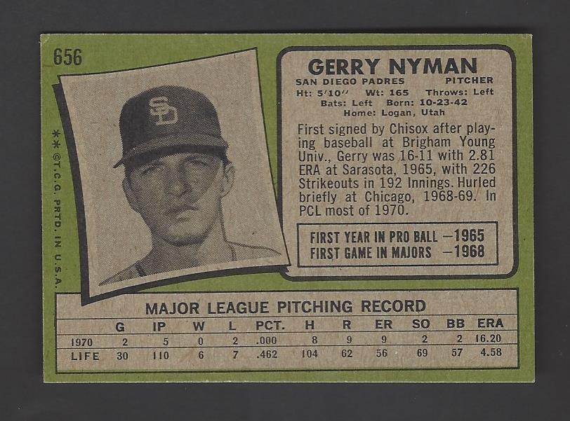 1971 Topps - #656 Gerry Nyman SP - San Diego Padres - ExMt+ | eBay