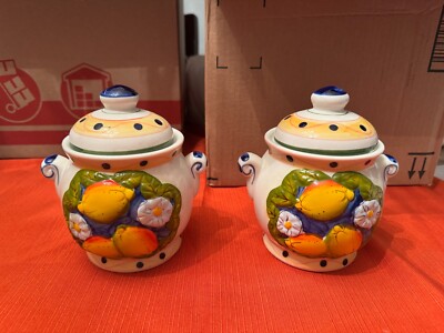 Set of 2 handpainted kitchen jars - German Rumtopf - Lemon Flowers ...