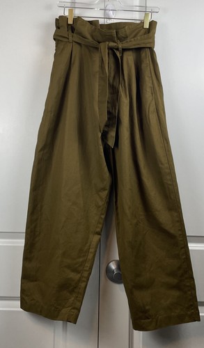 Zara Basic Trouser M Green High Waist Cropped Tie Belt Cotton Relaxed ...