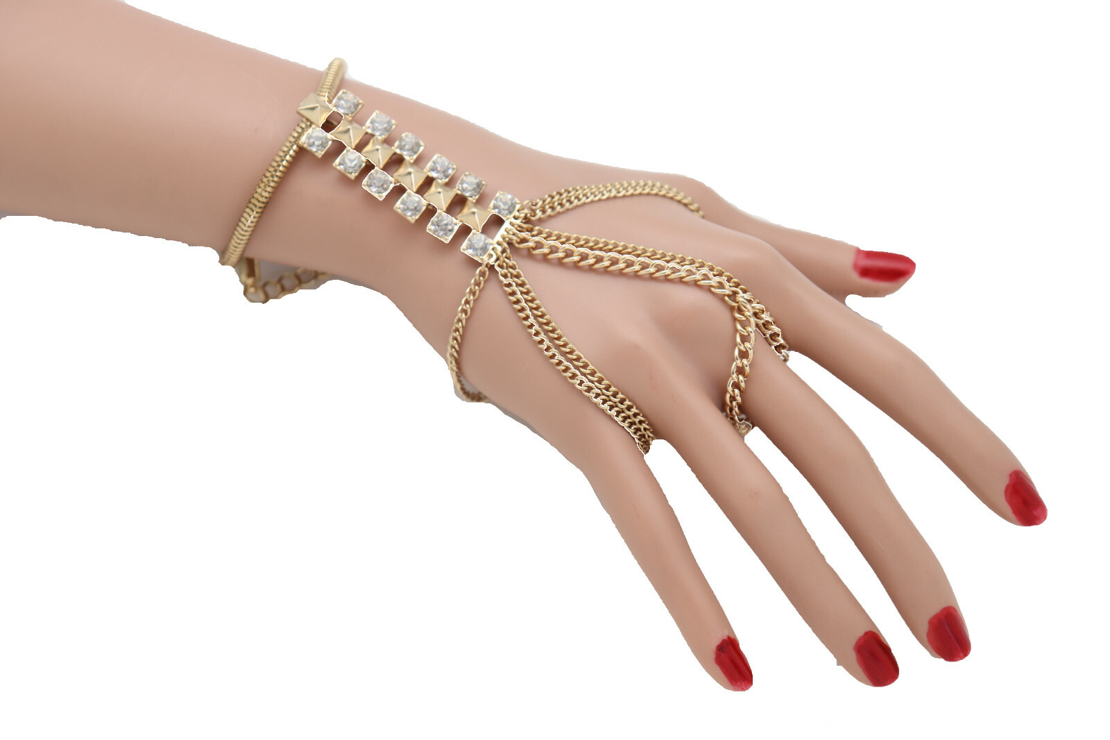 Hot Women Gold Metal Hand Chain Wrist Bracelet Connected Ring Long ...