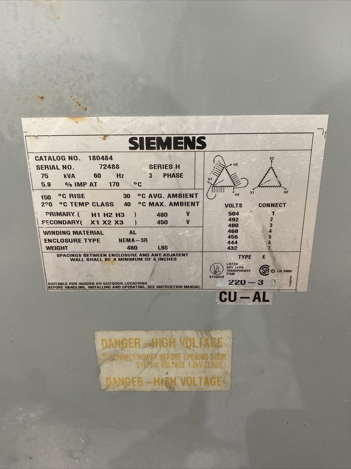 Siemens Dry Type Transformer 75 kVA 480 D - 450 D 3 Phase Nema 3R | eBay