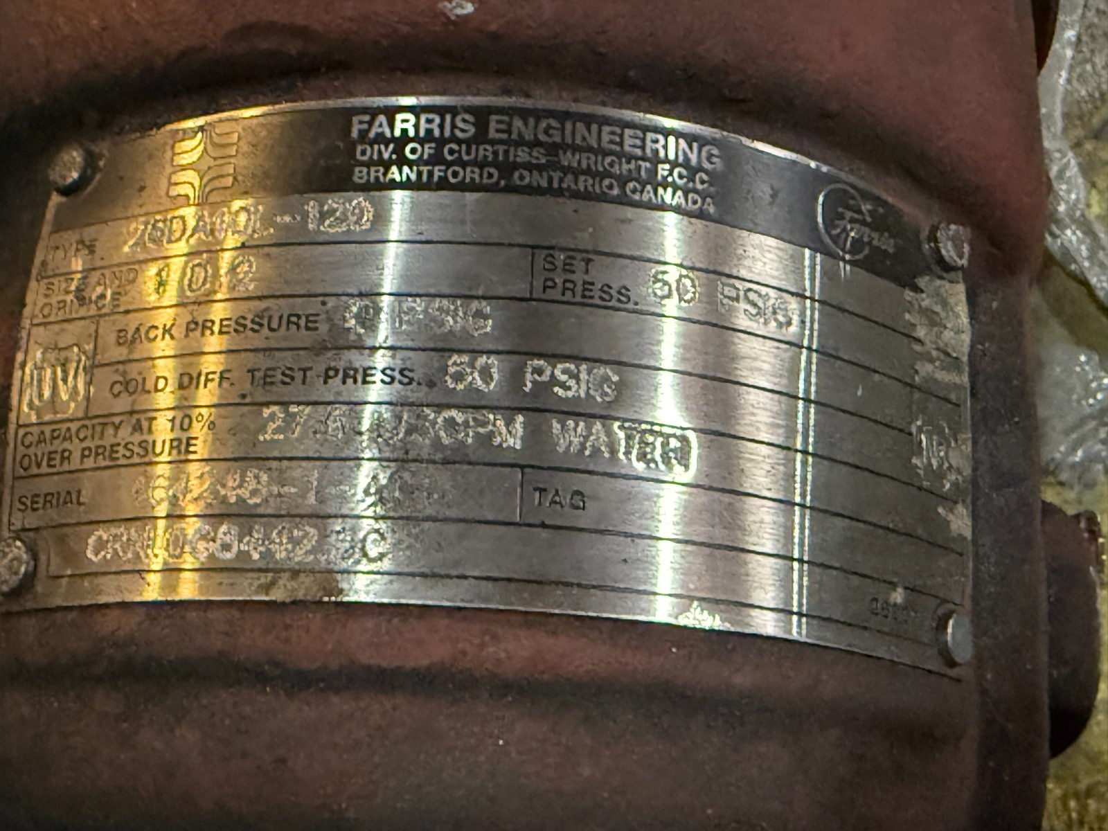 Pressure Relief Valve NNB 26DA10L-120 Farris Engineering Curtis Wright Set 50PSI for sale online ...