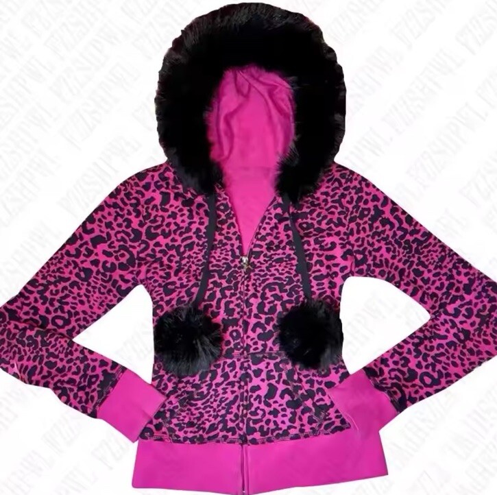 Y2K EMO CHEETAH PINK BLACK HOODIE SWEATSHIRT ZIP UP FUR HOOD TRIM SCENE ...