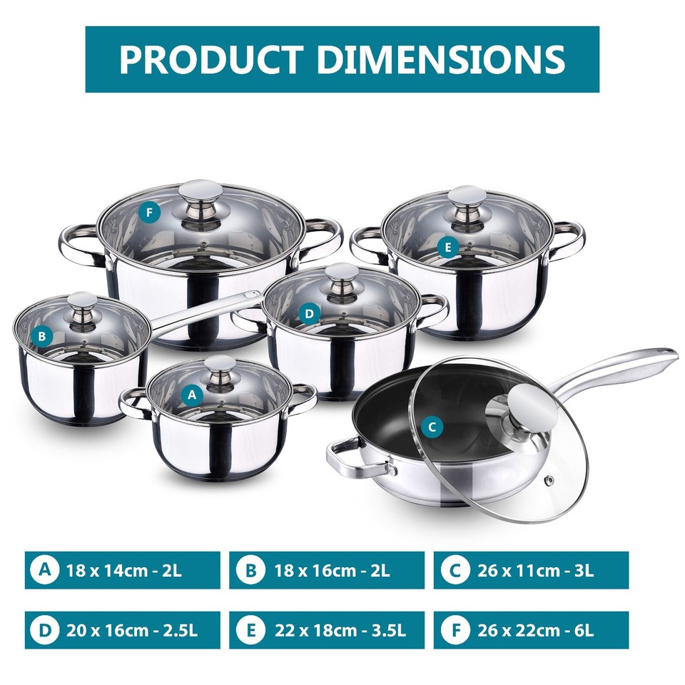 STAINLESS STEEL 12 Pcs INDUCTION HOB CASSEROLE POT COOKWARE SAUCEPAN ...