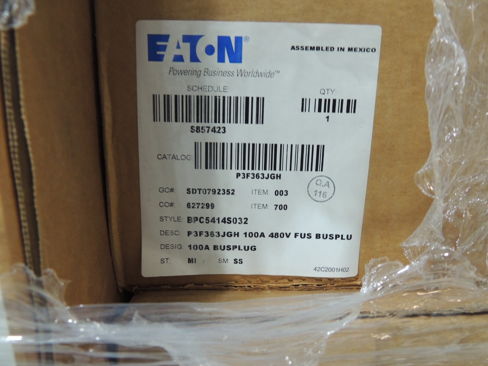 Eaton P3F363JGH 100 amp 480 volt 3 wire Fusible Busway Switch Bus Plug ...