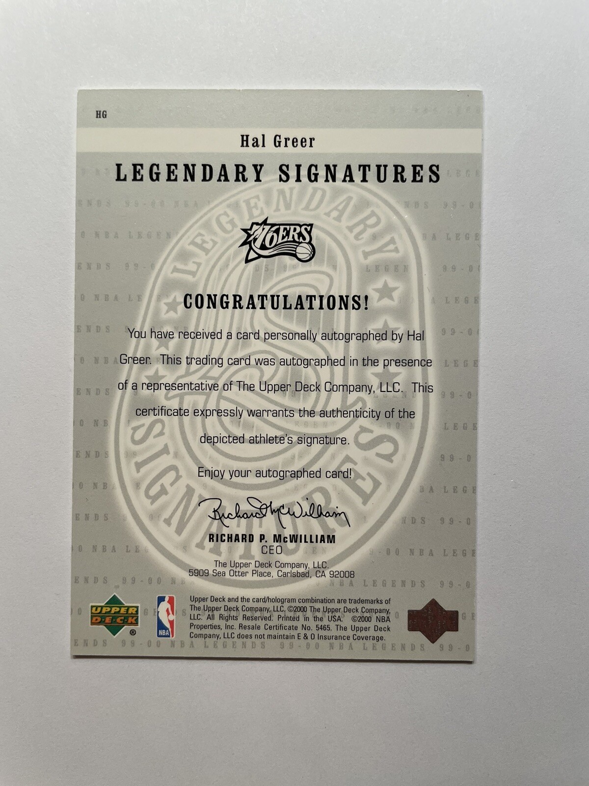 1999-00 Upper Deck NBA Legends - Legendary Signatures #HG Hal Greer (AU ...