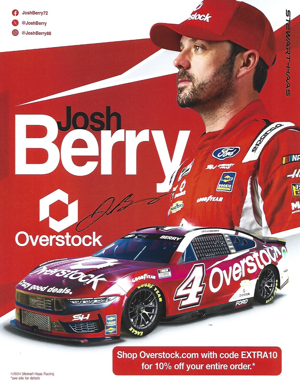 SIGNED 2024 JOSH BERRY "OVERSTOCK" #4 NASCAR CUP SERIES POSTCARD | eBay