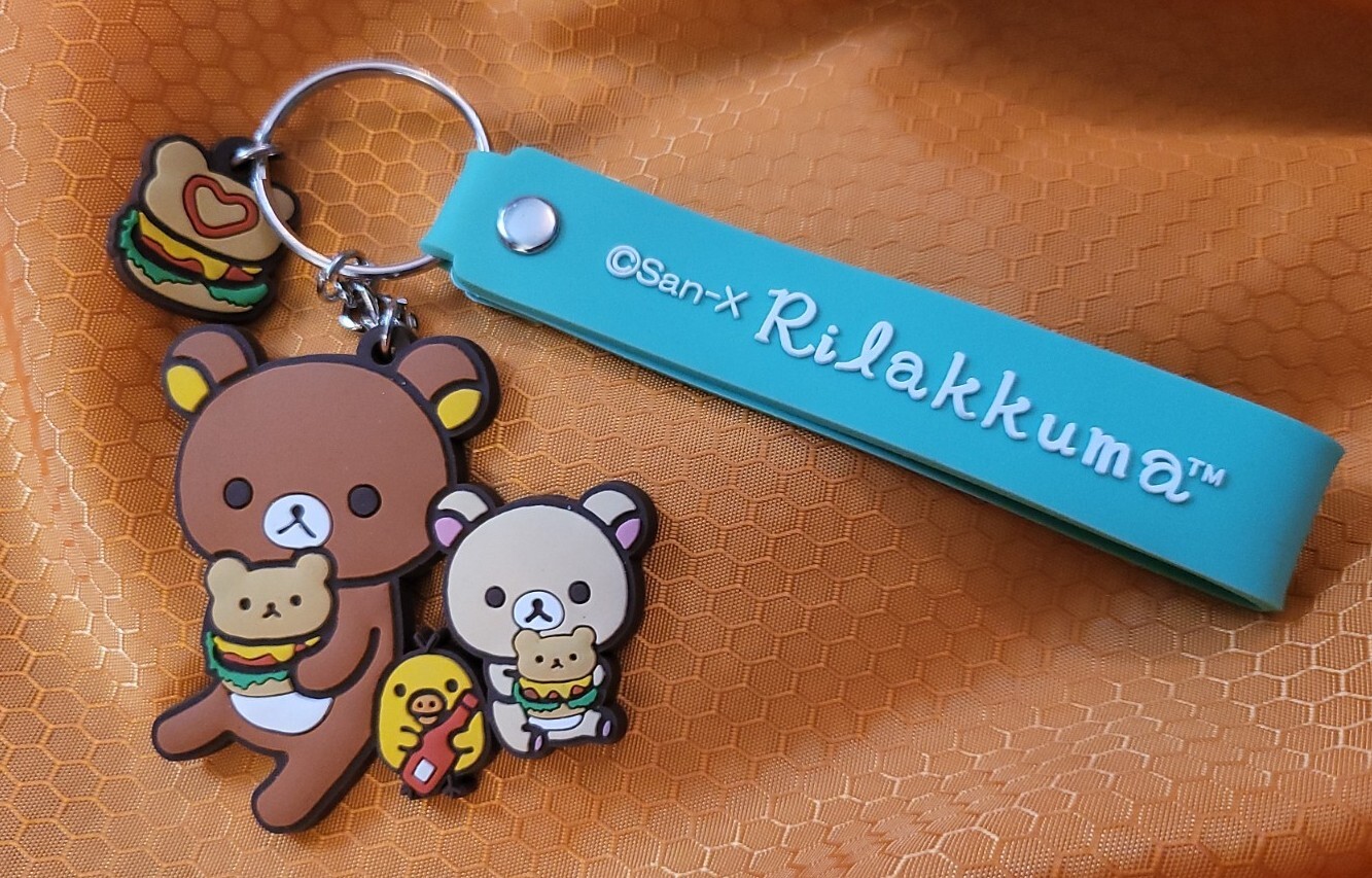 Set of 2 Rilakkuma Keychains Green Strap & pink strap. Round 1 New. L ...