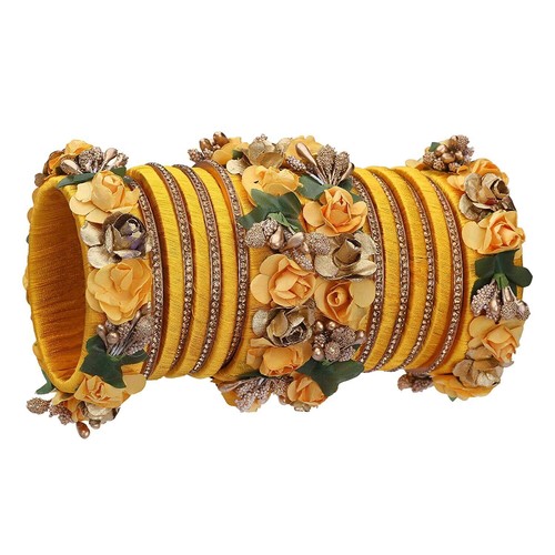 Traditional Yellow Flower Silk Thread Bangles For Girls Set Of 18 | eBay