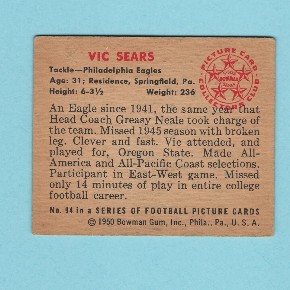 1950 Bowman - #94 - Vic Sears - RC - Philadelphia Eagles - VG/EX ...