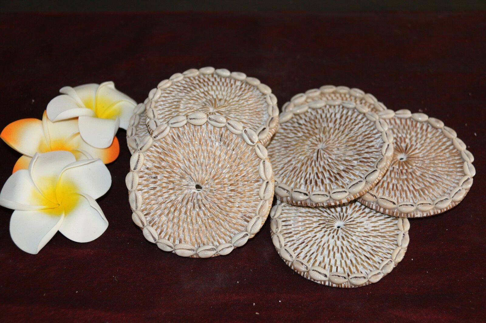 NEW Bali Woven Rattan Coasters w/Shell Trim - Balinese Coasters w ...