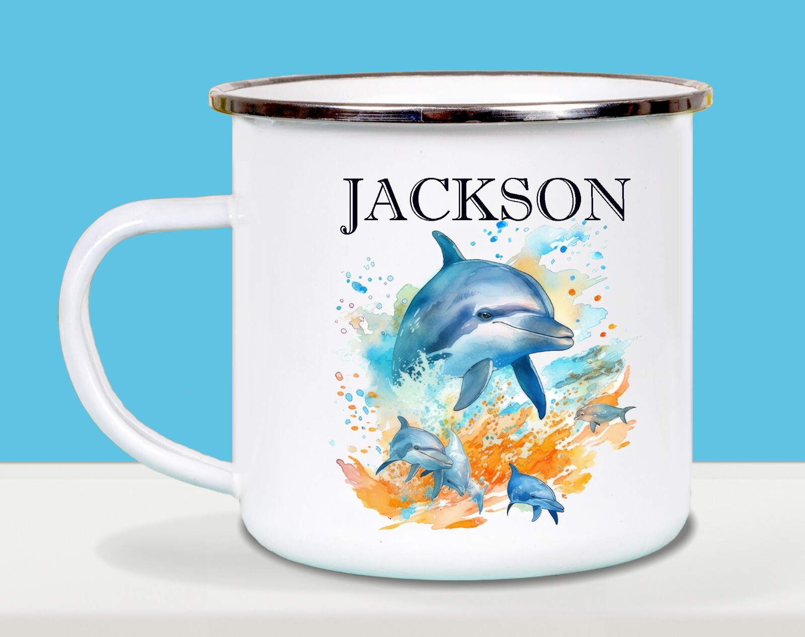 Personalised Enamel Dolphin Cup Camping Outdoor Mug Birthday Christmas ...