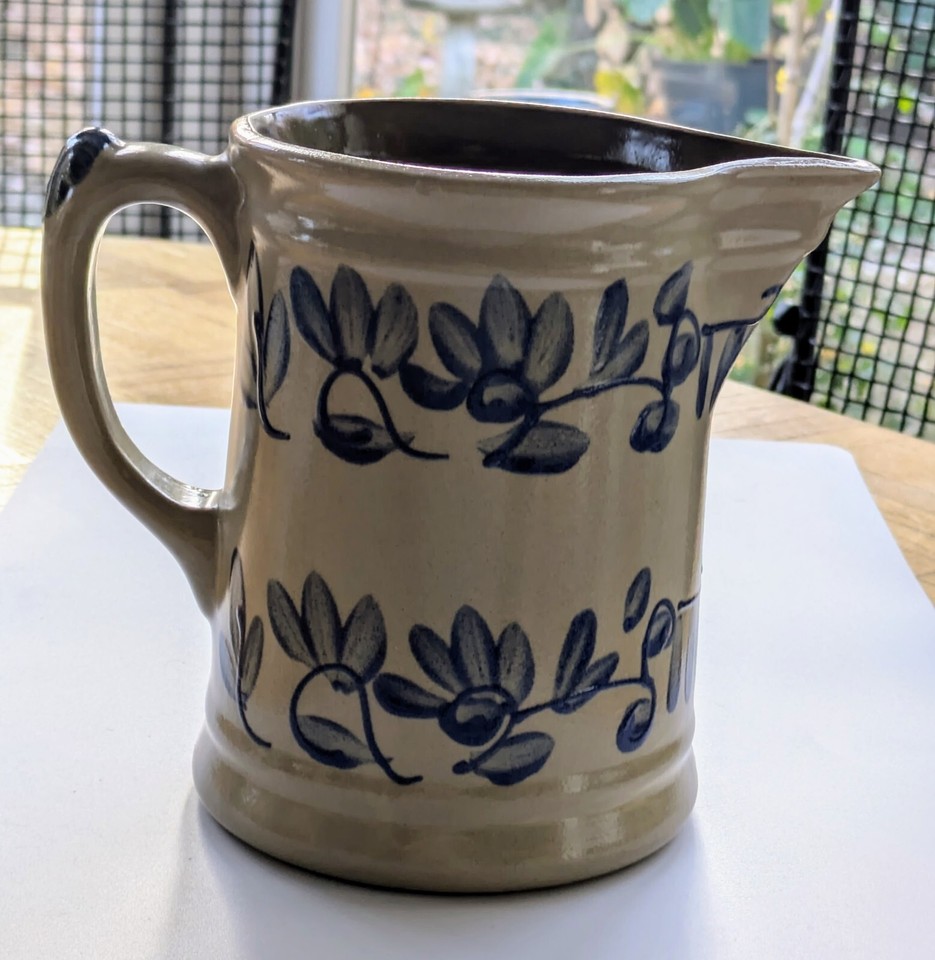 Beaumont Brothers Pottery BBP Salt Glazed Pitcher Blue Floral 6.6" x 7 ...