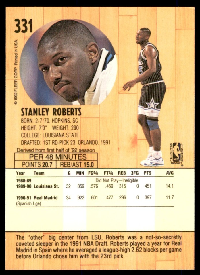 1991-92 FLEER STANLEY ROBERTS ORLANDO MAGIC #331 | eBay