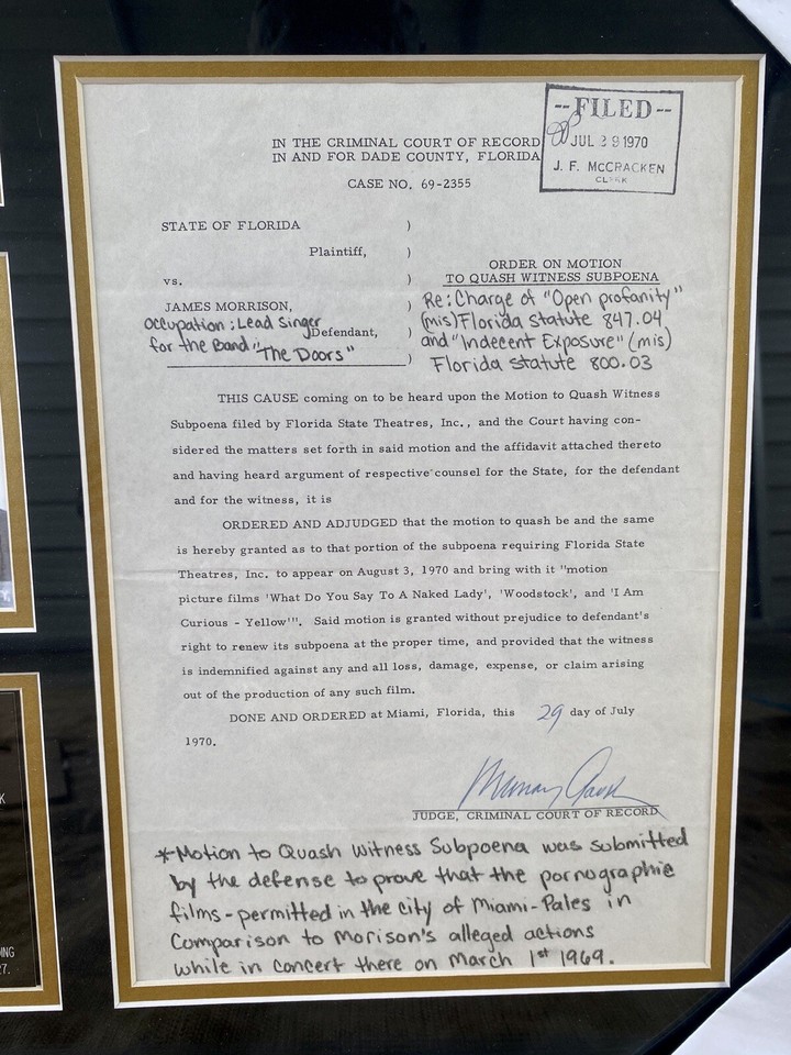 Historic 1970 Jim Morrison Court Document - Indecent Exposure at "Doors ...