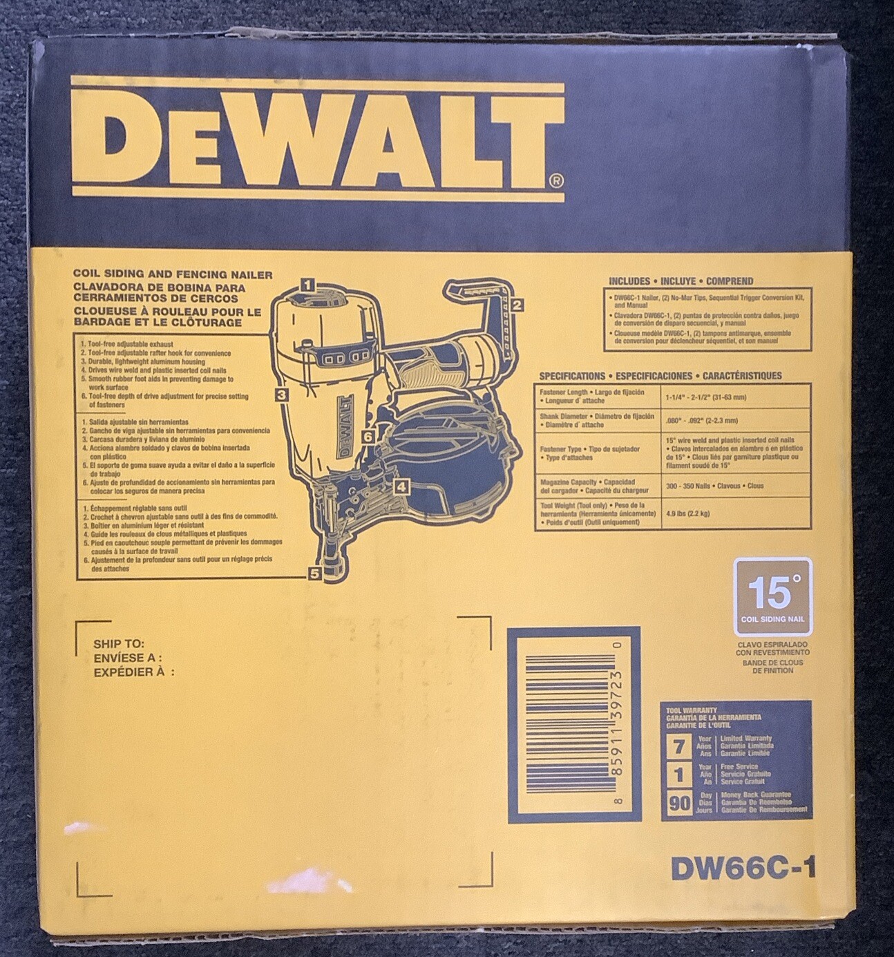 DEWALT DW66C-1 Pneumatic 15-Degree Coil Siding Nailer for sale online ...