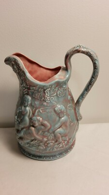 Ceramic Pitcher Blue And Pink 7.75 In. Tall With Grape Pods And Cherub ...