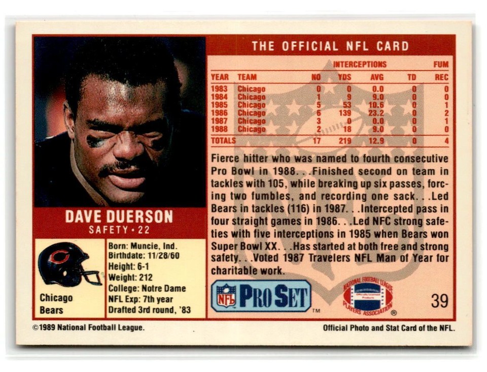 1989 Pro Set FOOTBALL #39 Dave Duerson Chicago Bears | eBay