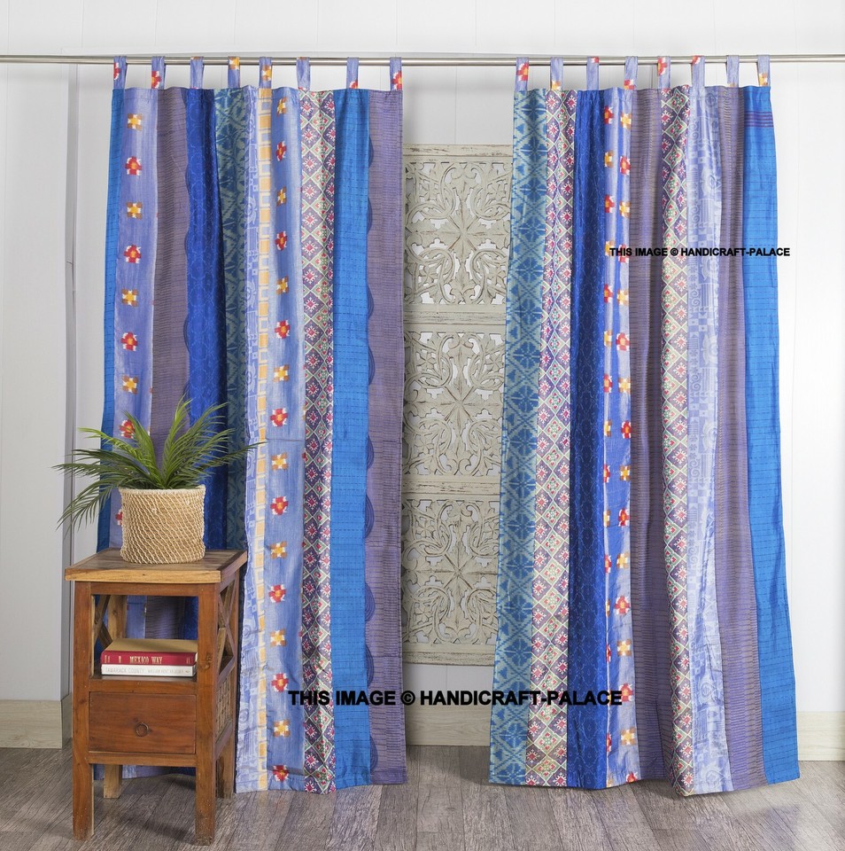 2 Pcs Indian Vintage Sari Patchwork Curtain Drape Window Decor Silk ...