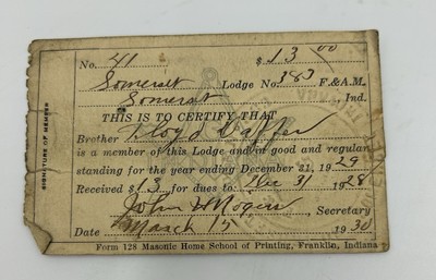 Vintage Masonic Lodge Membership Card 1920s Somerset Indiana Freemasons ...