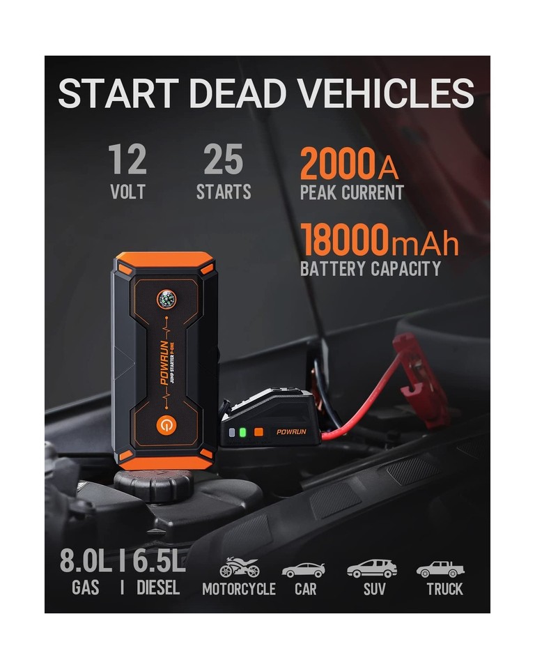Powrun P-ONE Jump Starter, 2000A Portable Jump Starter Box - Car ...