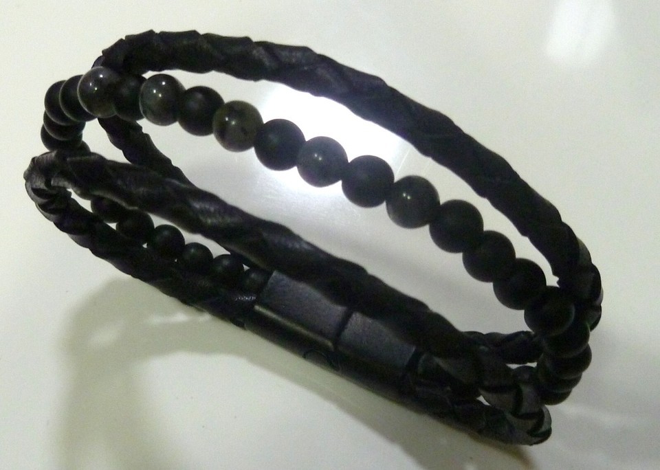 21CM 3 Row Magnetic Clasp Leather Bracelet In Black With OnyX And Agate ...