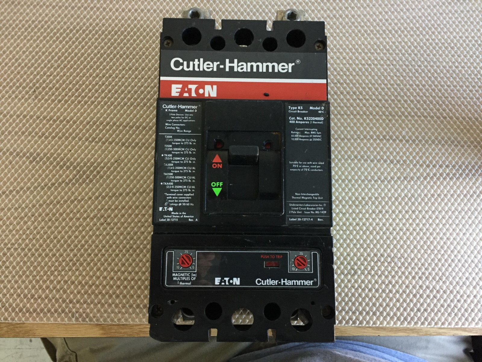 CUTLER HAMMER KS220400D 400 AMP 240 VOLT 2 POLE K FRAME BREAKER * | eBay
