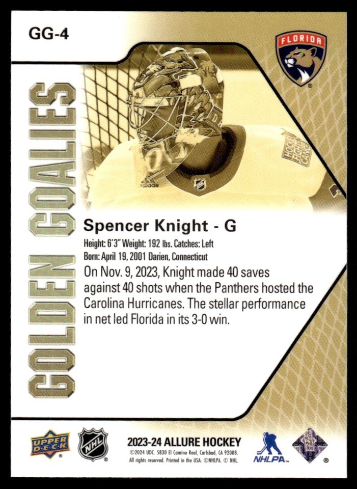 Spencer Knight 2023-24 Upper Deck Allure Golden Goalies #GG-4 Florida ...
