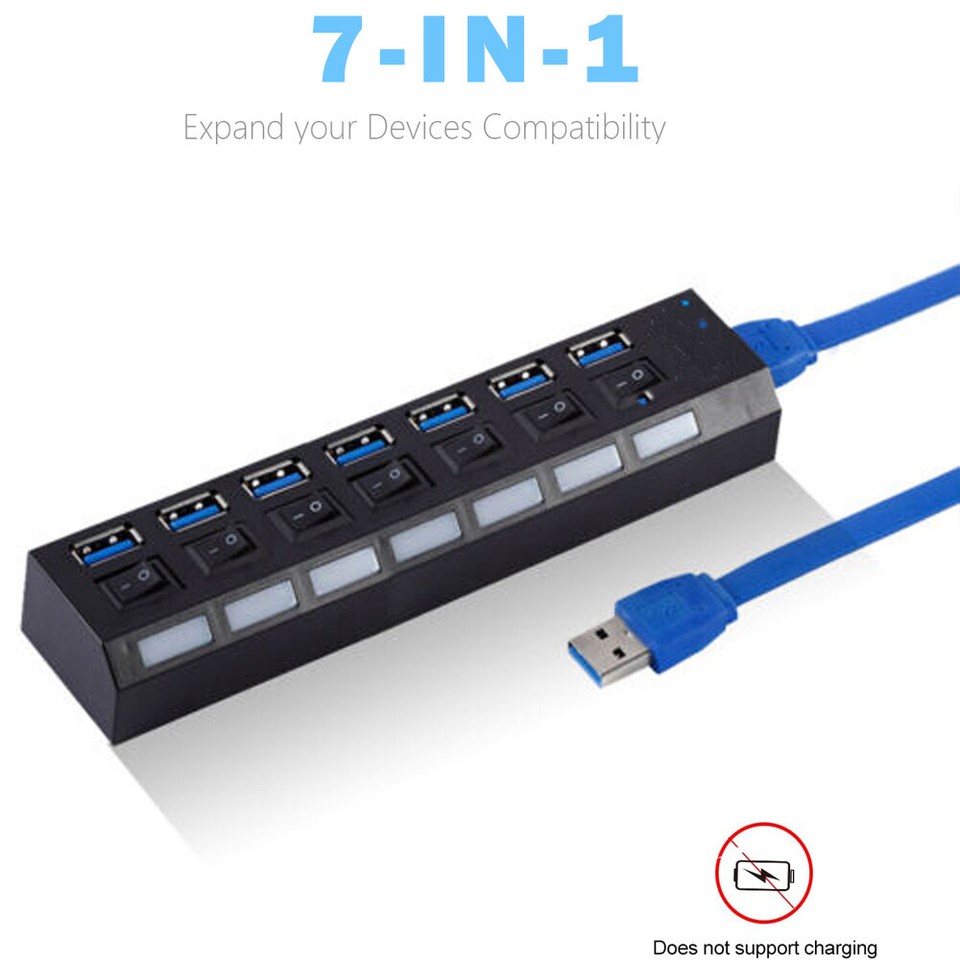 USB 3.0 Hub Charger Switch Splitter Powered AC Adapter 7 Port PC Laptop ...