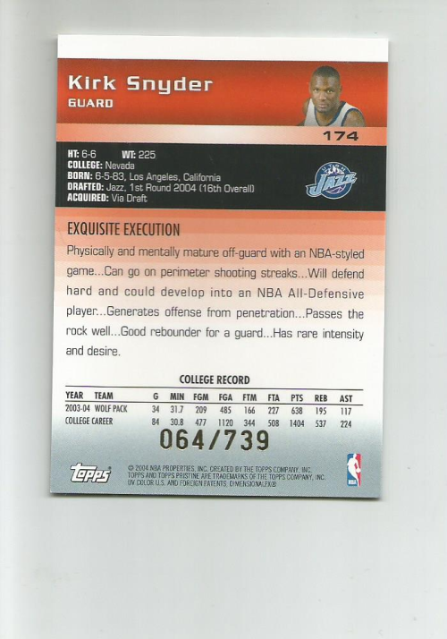 2004-05 TOPPS PRISTINE #174 KIRK SNYDER 064/739 | eBay