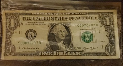 2013 $1 Dollar Bill BINARY FANCY RARE SERIAL NUMBER 00070707 Circulated ...